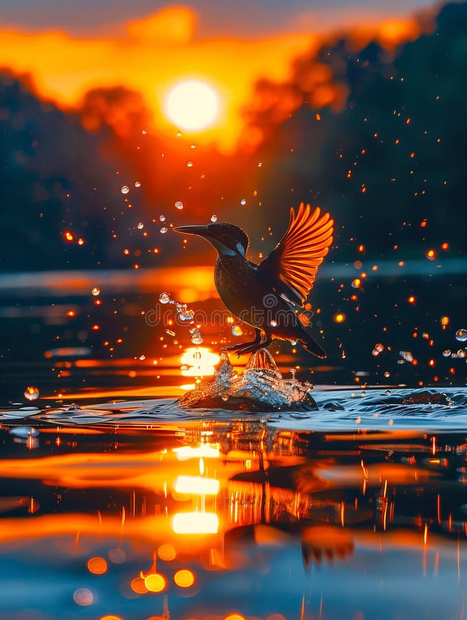 A Bird Flying Over Water at Sunset Stock Image - Image of cloud, lake ...