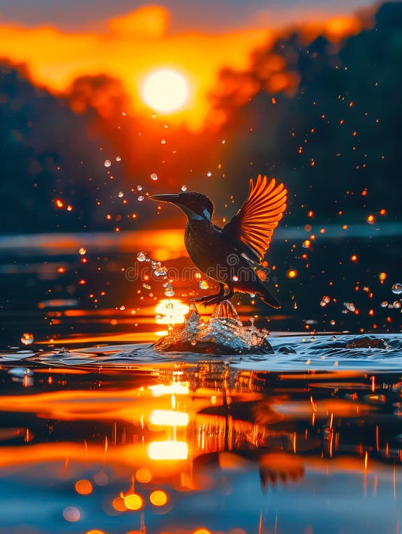 A Bird Flying Over Water at Sunset Stock Image - Image of cloud, lake ...