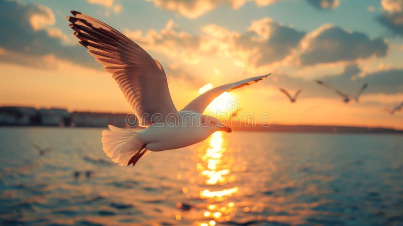 A Bird Flying Over the Water at Sunset with a Beautiful Sky, AI Stock ...