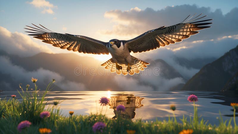 Majestic Peregrine Falcon Soaring Over Calm Lake at Golden Sunrise ...