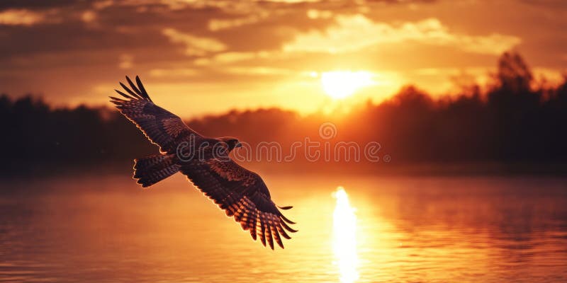 Bird Flying Over Water at Sunset Stock Photo - Image of birdwatching ...