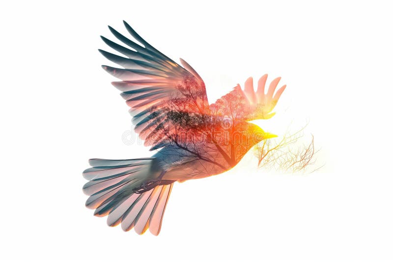 Bird Flying Showing Freedom with Sunset and Trees Double Exposure Stock ...