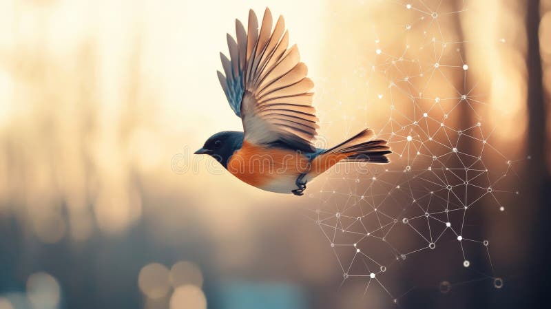 Bird Flying in Sunset with Digital Network Overlay Stock Illustration ...