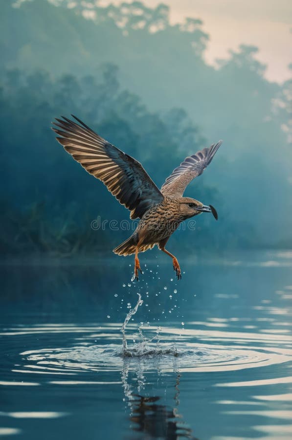 Majestic Brown Bird Diving into Calm Water, Splashing Stock ...