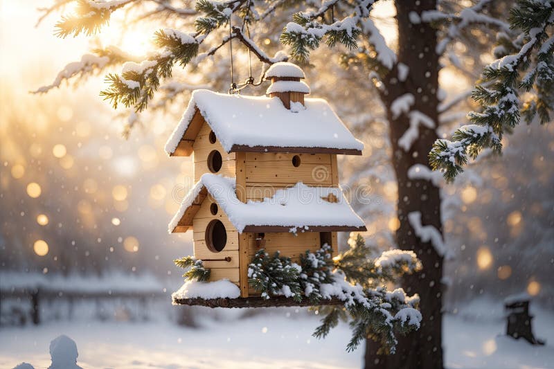 Bird House Winter Snowy Tree. Ai Generative Stock Illustration ...