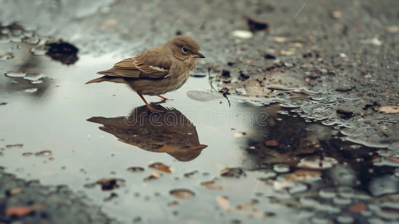 Bird and Its Reflection in a Puddle. Bird Reflection in Water in Spring ...