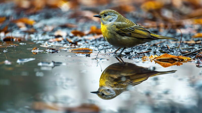 Bird and Its Reflection in a Puddle. Bird Reflection in Water in Spring ...
