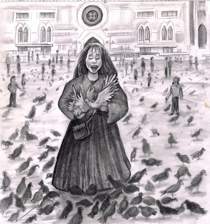 Bird Lady Fun with the Pigeons. Stock Illustration - Illustration of ...