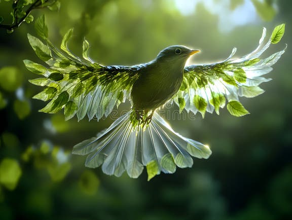 Bird with Leaf Wings in a Vibrant, Natural Setting Stock Illustration ...