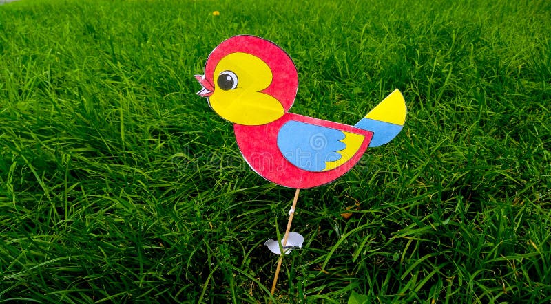 Bird Made of Bright Cardboard and Paper on Green Grass Stock Image ...