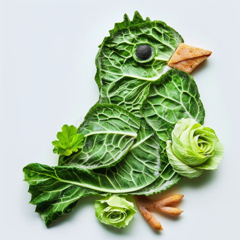 A Bird Made from Cabbage Leaves on White Background Stock Illustration ...