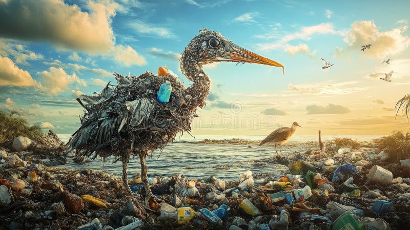 Bird Made of Plastic Waste in Polluted Ocean Environment Stock ...