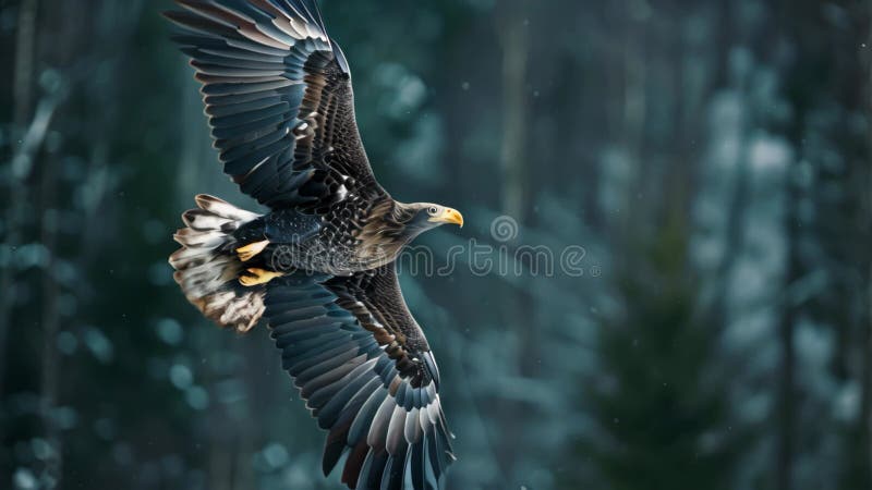 A Bird, a Majestic Bald Eagle, Flying through the Air with Its Wings Spread Wide, a Majestic ...