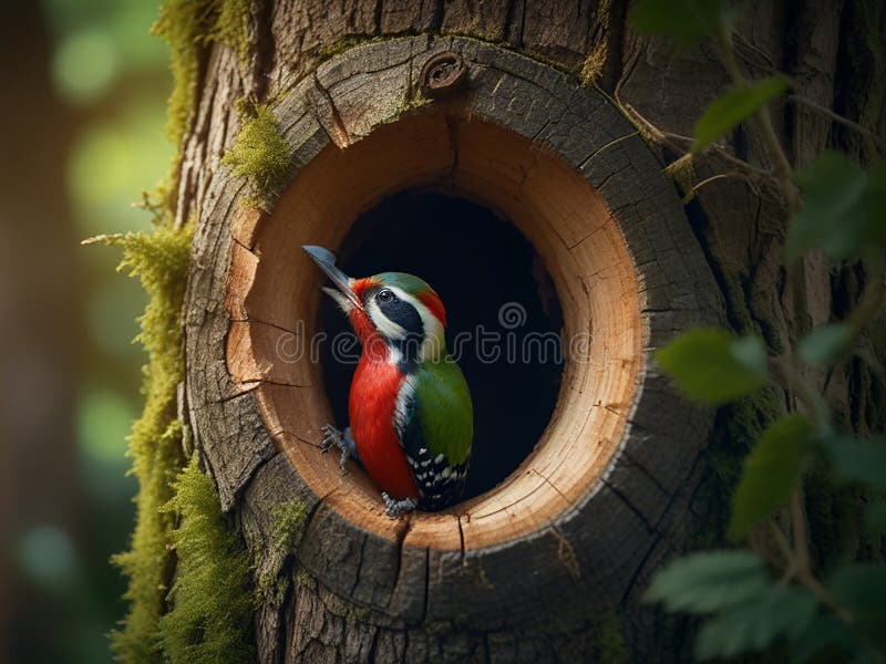 A Bird Makes a Hole and Nests in a Tree Trunk Stock Illustration ...