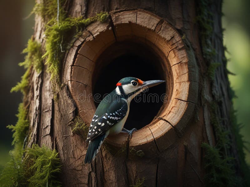 A Bird Makes a Hole and Nests in a Tree Trunk Stock Illustration ...