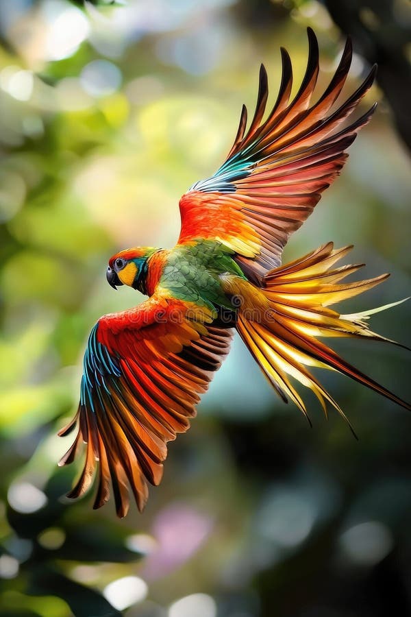 Bird Multi-colored Showcases Flying. Selective Focus Stock Image ...