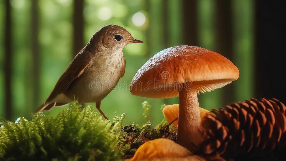 Bird and a Mushroom in the Forest. the Image Should Capture the Bird ...