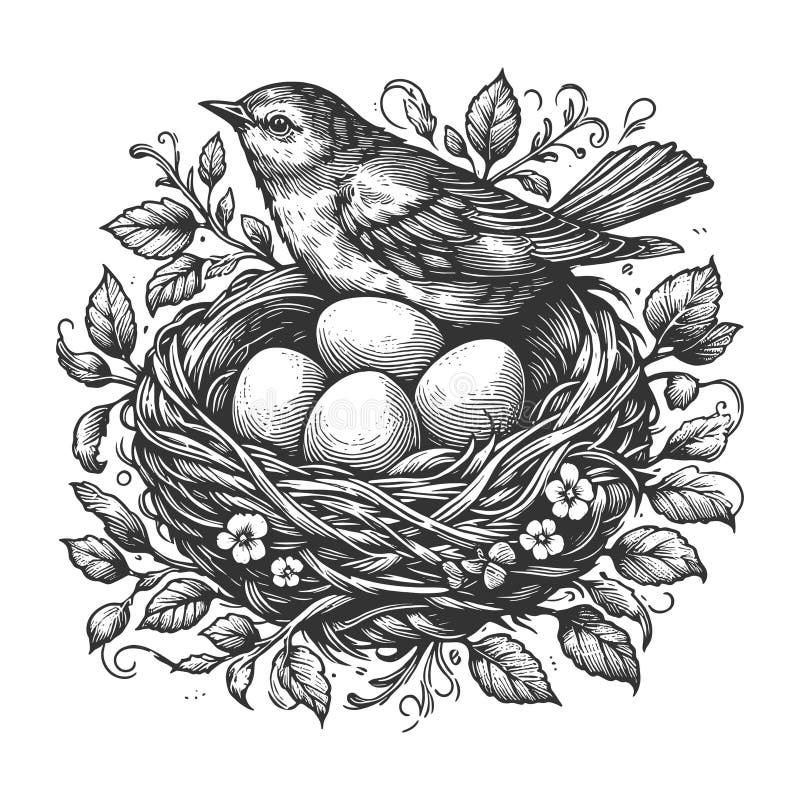 Bird Nes with Eggs Engraving Vector Illustration Stock Vector ...