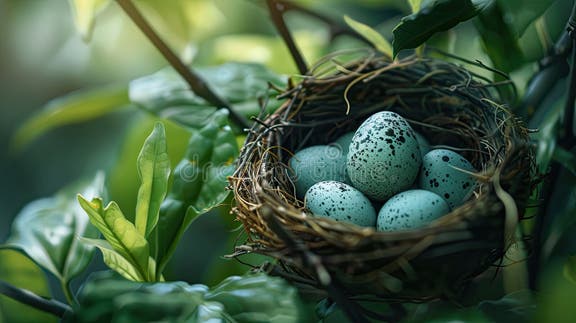 Bird Nest with Blue Eggs on a Tree Branch Stock Illustration ...