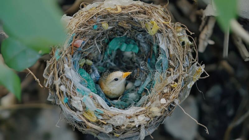 A Bird Nest Constructed Primarily of Plastic Waste Stock Illustration ...