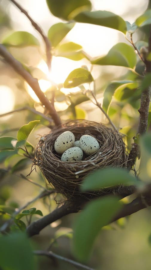 Bird Nest with Speckled Eggs in a Sunlit Tree, Serene Nature Concept ...