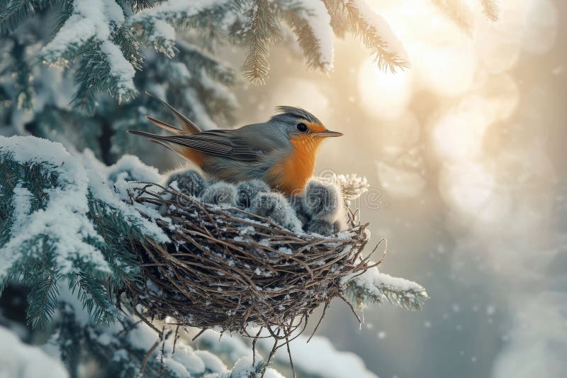 A Bird in a Nest on a Tree Covers Its Young Under, Hiding Them from the ...