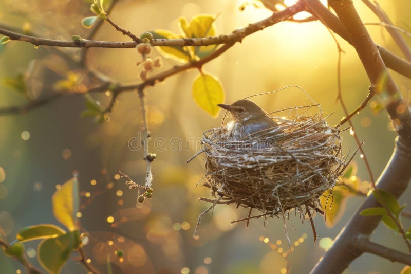 Bird Nesting at Golden Hour in Spring. Generative AI Stock Illustration ...