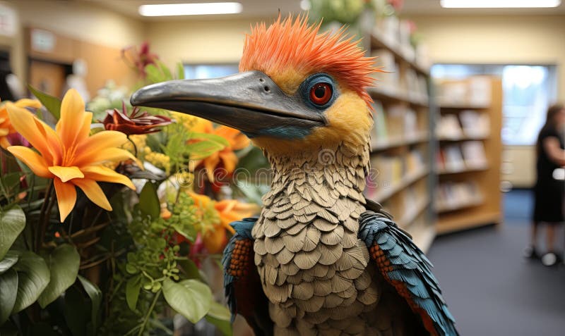 Bird with Orange and Blue Feathers in Library Stock Image - Image of ...