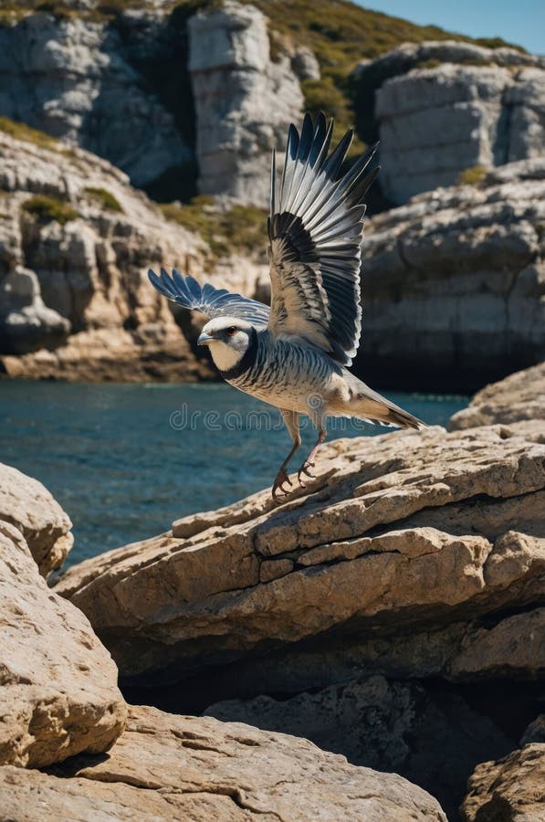 Majestic Coastal Bird Taking Flight on Rocky Shore Stock Illustration ...