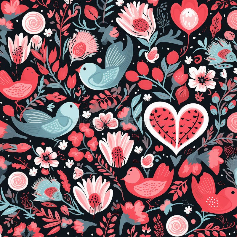 Bird Pattern Surrounded by Neon Colored Plants on a Black Background ...