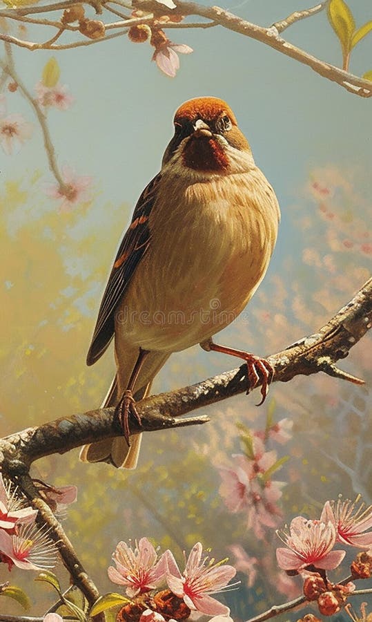 A Bird Perched on the Branch among Flowers and Leaves. Vertical, Spring ...