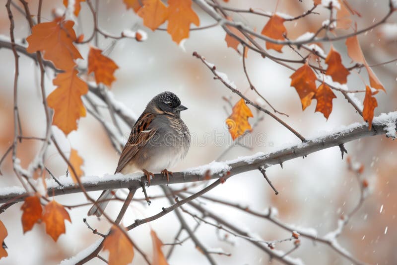 Bird Perched on Branch of a Tree with Mixed Snow and Russet Leaves ...