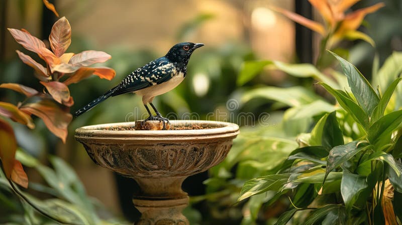 A Bird Perched on a Decorative Stand, Surrounded by Plants Digital ...
