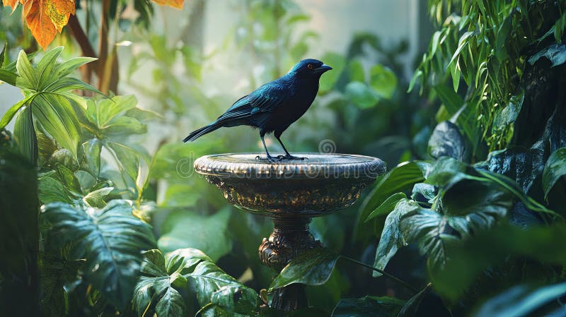 A Bird Perched on a Decorative Stand, Surrounded by Plants Digital ...