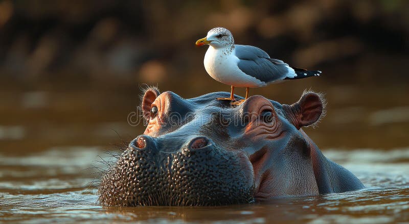 A Bird is Perched on the Head of a Hippopotamus Stock Photo - Image of ...