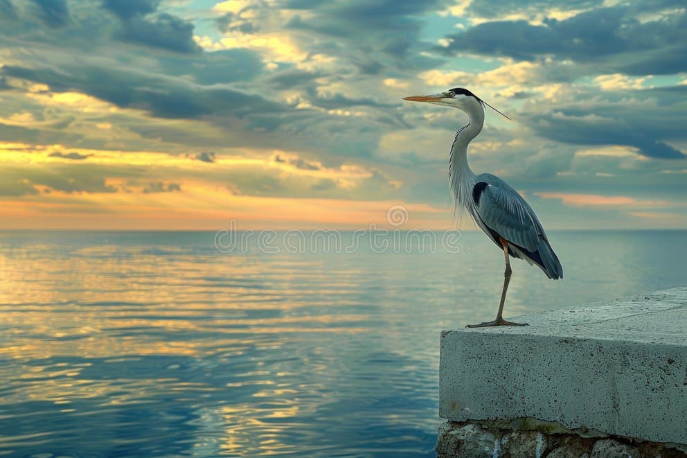 A Bird Perched on a Ledge Above the Water, Serene and Calm Stock Image ...