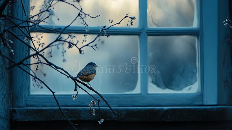 A Bird Perched on a Tree Branch Outside a House Window Digital Stock ...
