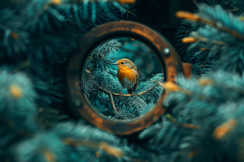 Bird Perched on Tree Branch Viewed through Circular Window, Surrounded ...