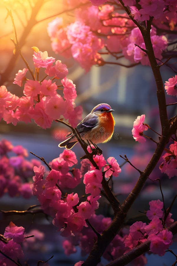 A Bird Perches on a Sakura Tree in Full Bloom during the Spring Season ...