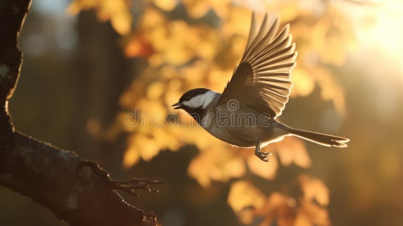 High-speed Chickadee Flying in Fall Forest - Real Image Stock ...