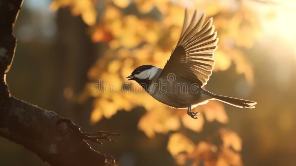 High-speed Chickadee Flying in Fall Forest - Real Image Stock ...