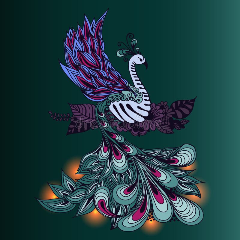 Bird Phoenix with Lights on Its Tale. Stock Vector - Illustration of ...