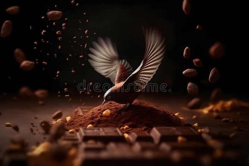 Bird and Piece of Dark Chocolate on Cocoa Powder. Neural Network AI ...
