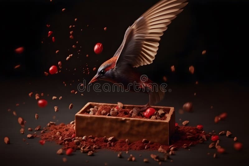 Bird and Piece of Dark Chocolate on Cocoa Powder. Neural Network AI ...
