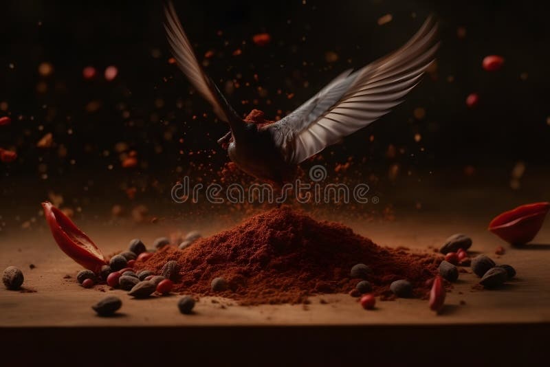 Bird and Piece of Dark Chocolate on Cocoa Powder. Neural Network AI ...