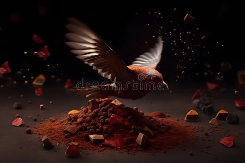 Bird and Piece of Dark Chocolate on Cocoa Powder. Neural Network AI ...
