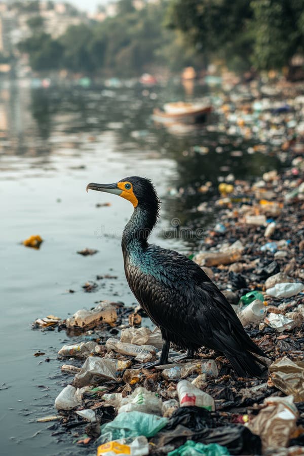 Bird Plastic Pollution, a Bird Surrounded by Plastic Waste Near a ...