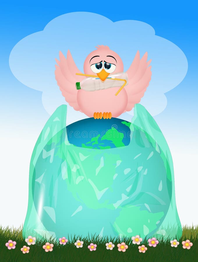 Bird with plastic waste stock illustration. Illustration of garbage ...