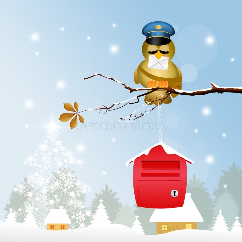 Bird postman at Christmas stock illustration. Illustration of mailbox ...