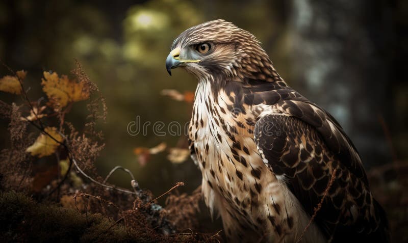 A Bird of Prey Sitting on Top of a Tree Branch in a Forest with Lots of ...